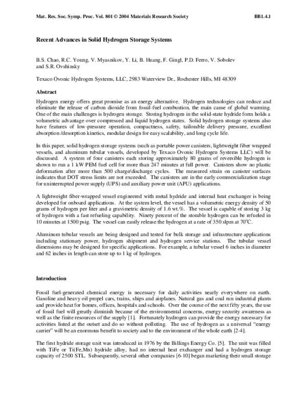 (PDF) Recent Advances in Solid Hydrogen Storage Systems