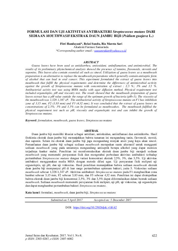 (PDF) FORMULASI DAN UJI AKTIVITAS ANTIBAKTERI Streptococcus mutans DARI SEDIAAN MOUTHWASH ...