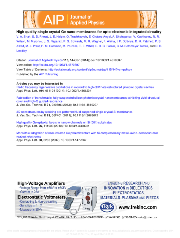 (PDF) High quality single crystal Ge nano-membranes for opto-electronic ...