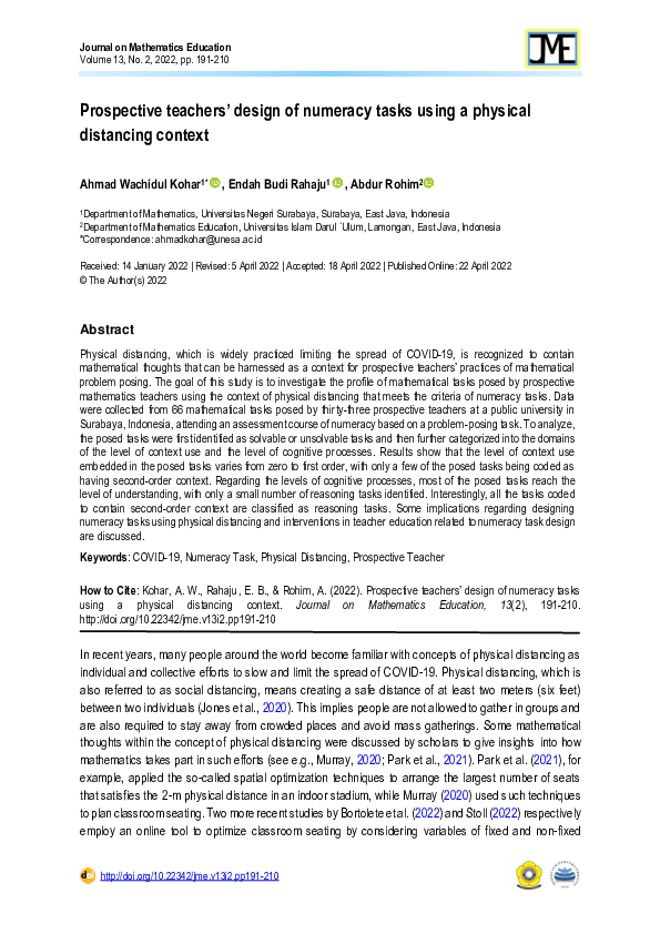 (PDF) Prospective teachers’ design of numeracy tasks using a physical ...