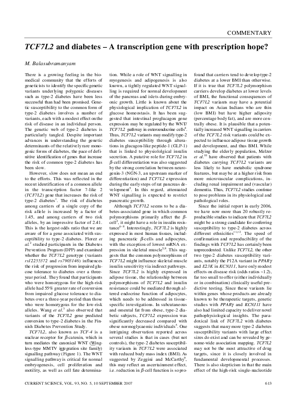 (PDF) TCF7L2 and diabetes – A transcription gene with prescription hope?