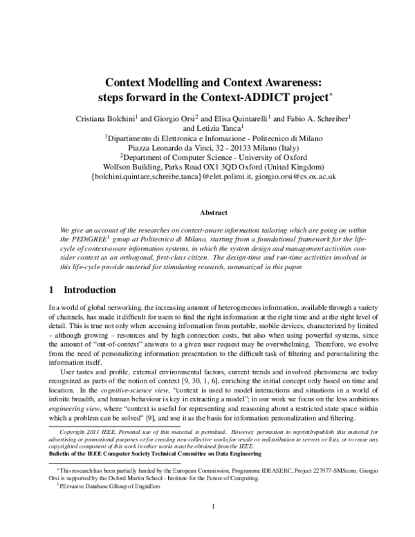 (PDF) Context Modeling and Context Awareness: steps forward in the Context-ADDICT project