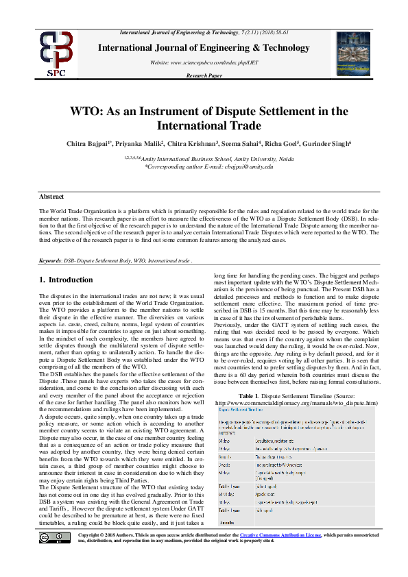 (PDF) WTO: As an Instrument of Dispute Settlement in the International Trade