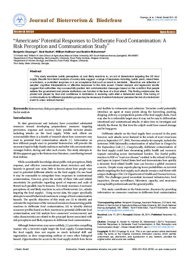 (PDF) “American Potential Responses to Deliberate Food Contamination: A ...
