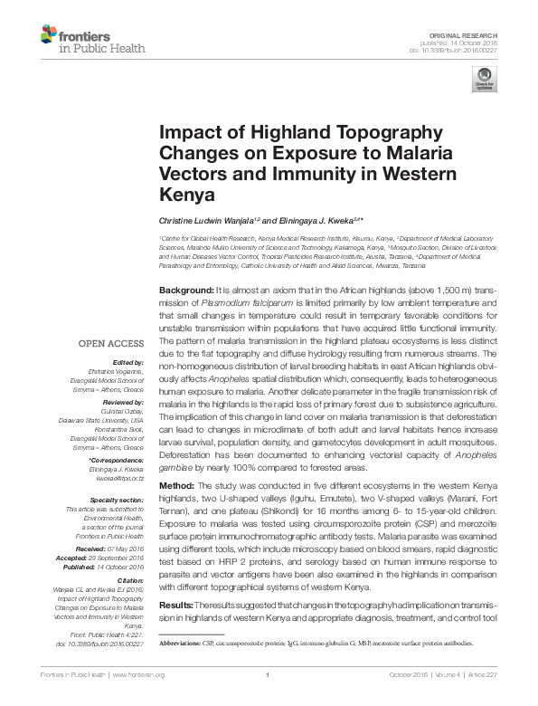 (PDF) Impact of Highland Topography Changes on Exposure to Malaria ...