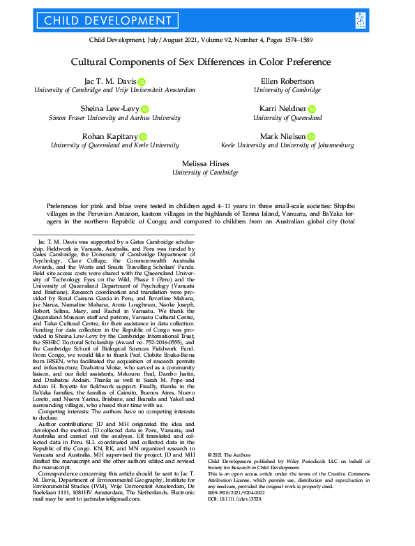 Pdf Cultural Components Of Sex Differences In Color Preference