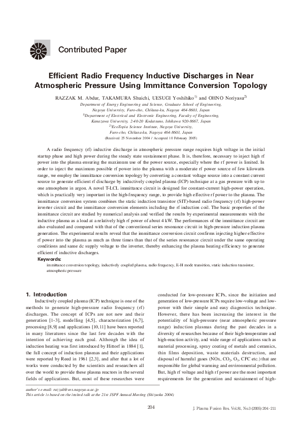 (PDF) Efficient Radio Frequency Inductive Discharges in Near Atmospheric Pressure Using ...