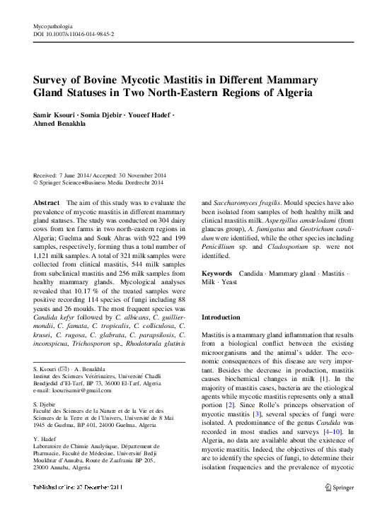 (PDF) Survey of Bovine Mycotic Mastitis in Different Mammary Gland ...