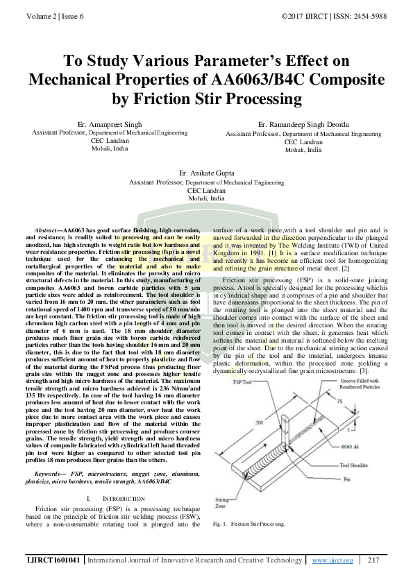 (PDF) To Study Various Parameter’s Effect on Mechanical Properties of AA6063/B4C Composite by ...