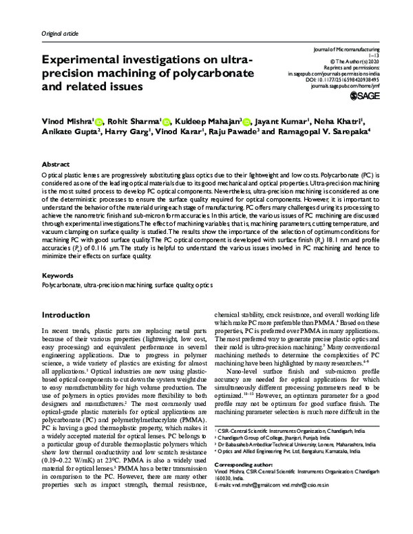 (PDF) Experimental investigations on ultra-precision machining of polycarbonate and related issues