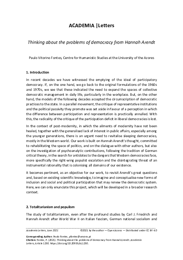 (PDF) Thinking about the problems of democracy from Hannah Arendt