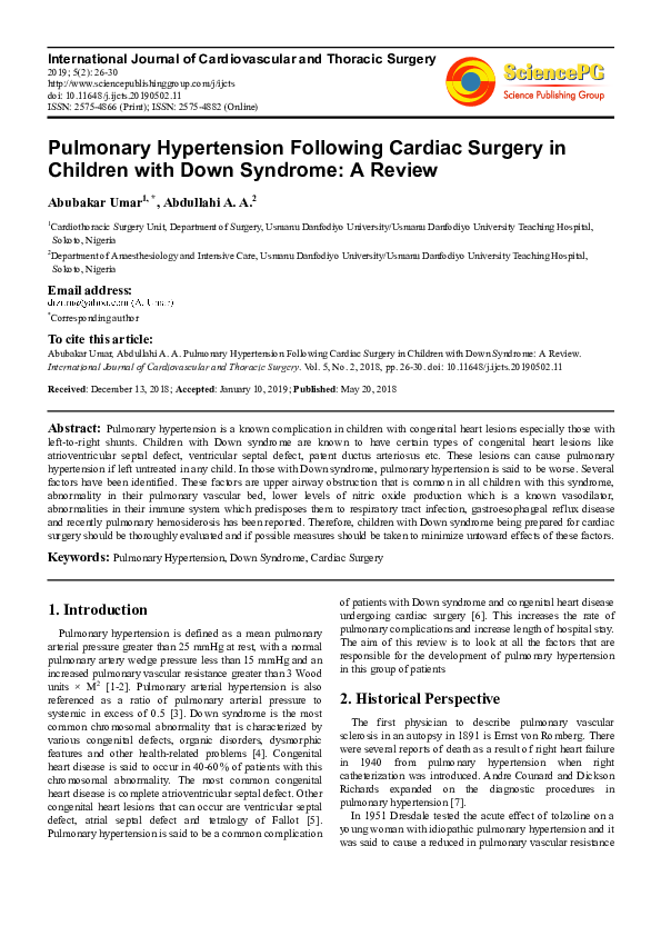 (PDF) Pulmonary Hypertension Following Cardiac Surgery in Children with ...