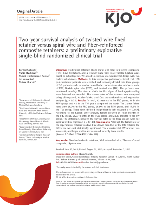 (PDF) Two-year survival analysis of twisted wire fixed retainer versus ... (PDF) Two-year survival analysis of twisted wire fixed retainer versus ...