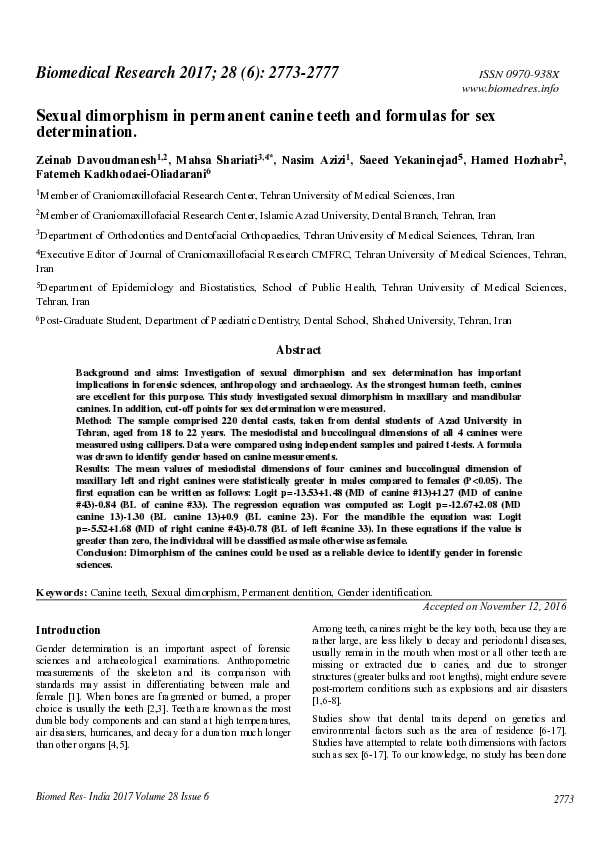 (PDF) Sexual dimorphism in permanent canine teeth and formulas for sex ...