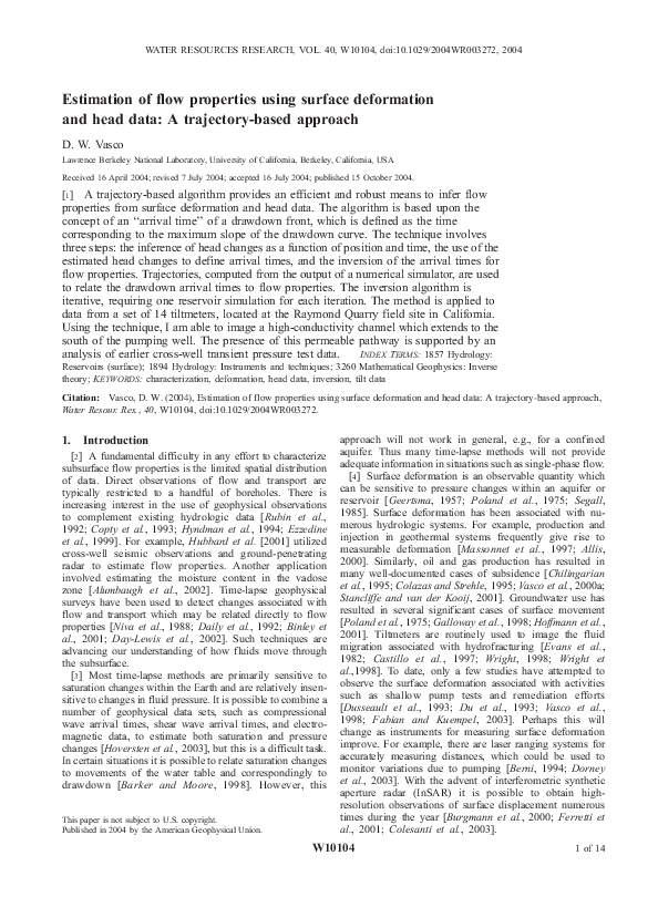Pdf Estimation Of Flow Properties Using Surface Deformation And Head Data A Trajectory Based