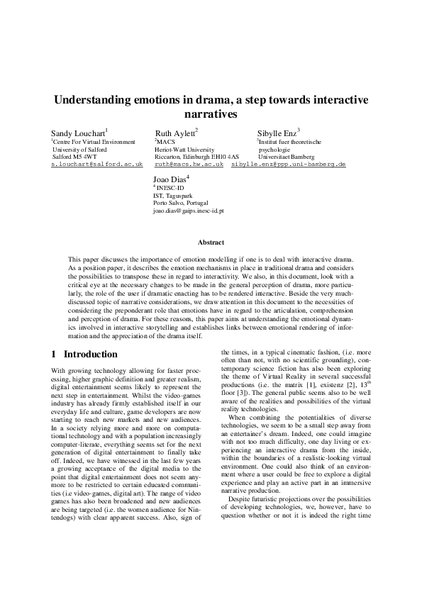 (PDF) Understanding emotions in drama, a step towards interactive narrative