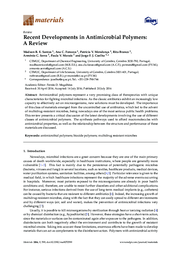 (PDF) Recent Developments in Antimicrobial Polymers: A Review