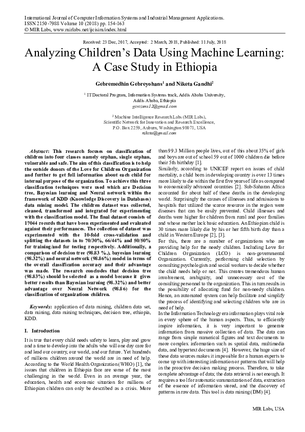 (PDF) Analyzing Children ’ s Data Using Machine Learning : A Case Study in Ethiopia