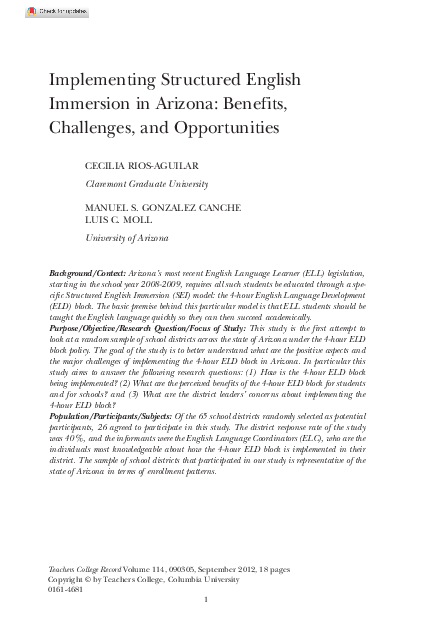 (PDF) Implementing Structured English Immersion in Arizona: Benefits ...