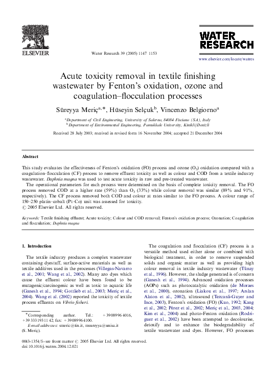 (PDF) Acute toxicity removal in textile finishing wastewater by Fenton ...