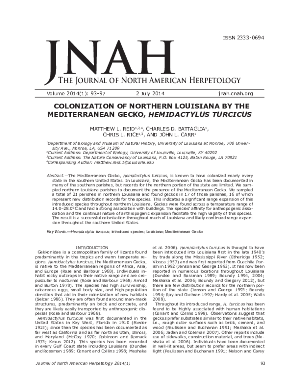 (PDF) Colonization of Northern Louisiana by the Mediterranean Gecko ...