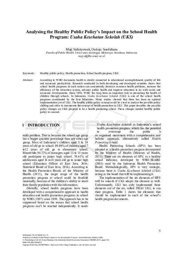 (PDF) Analysing the Healthy Public Policy’s Impact on the School Health Program: Usaha Kesehatan ...