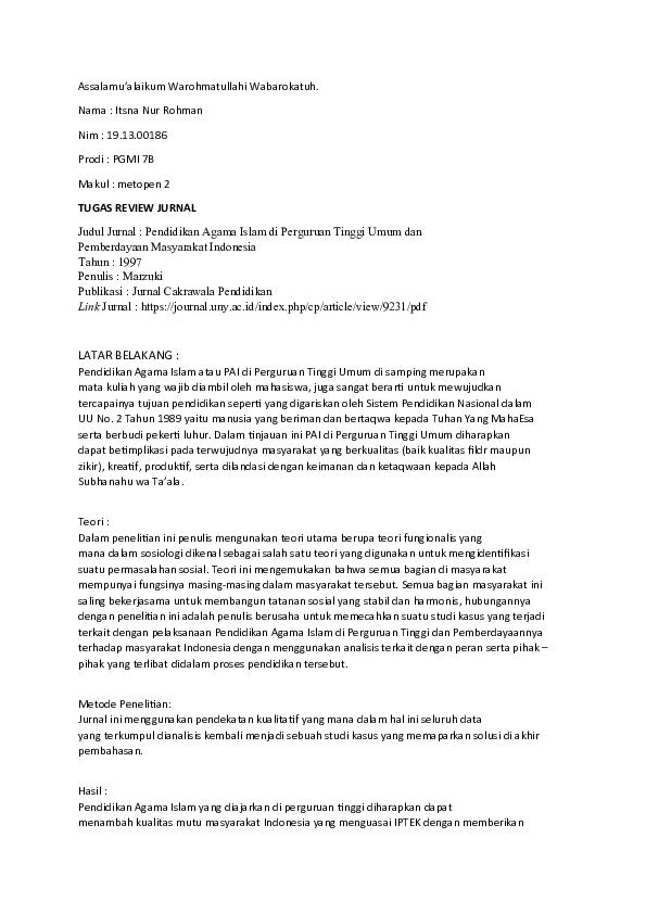 (DOC) Assalamu'alaikum Warohmatullahi Wabarokatuh. Nama : Itsna Nur Rohman