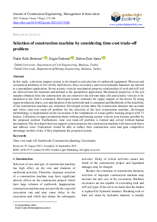 Pdf Selection Of Construction Machine By Considering Time Cost Trade Off Problem