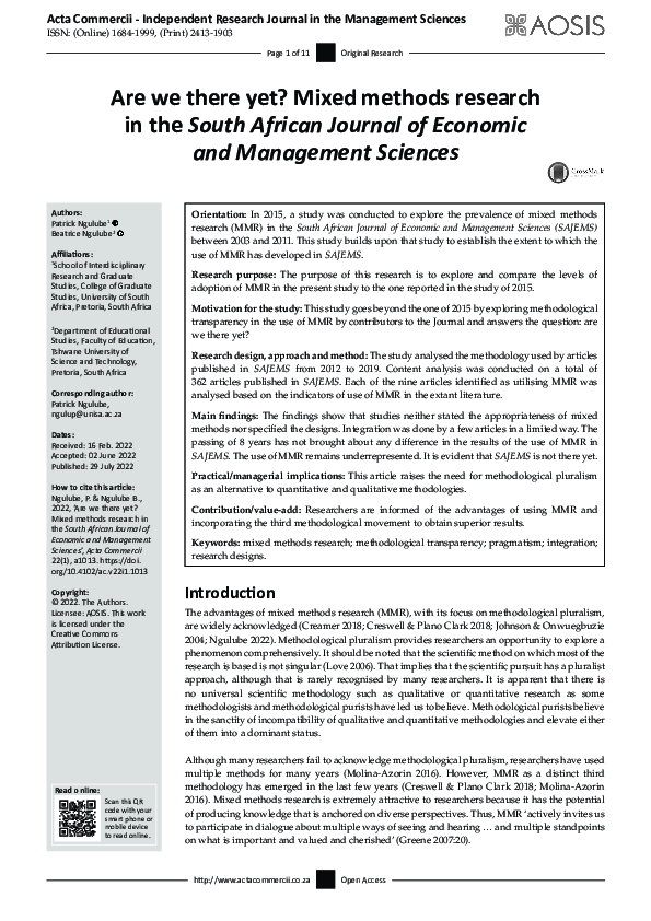 (PDF) Are we there yet? Mixed methods research in the South African ...