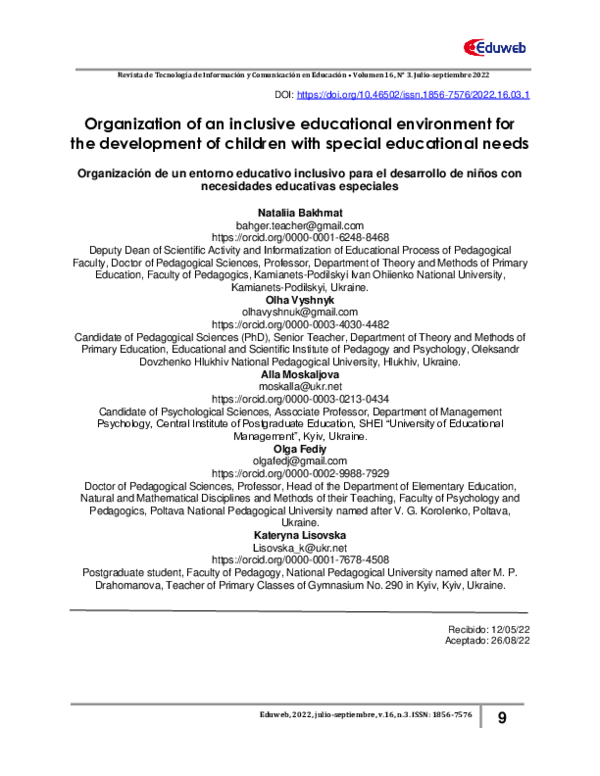 (PDF) Organization of an inclusive educational environment for the ...
