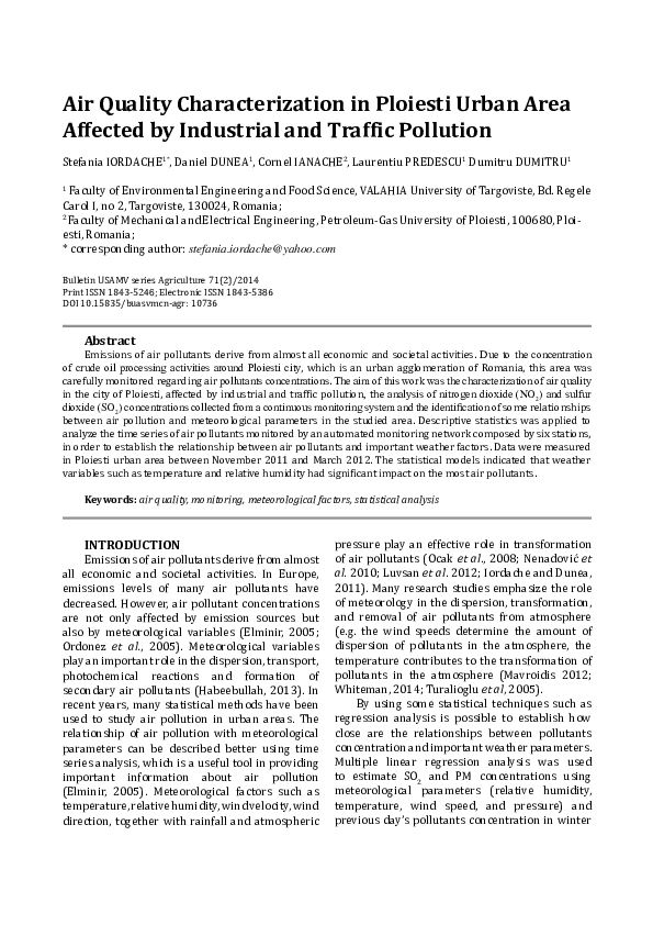 Pdf Air Quality Characterization In Ploiesti Urban Area Afected By