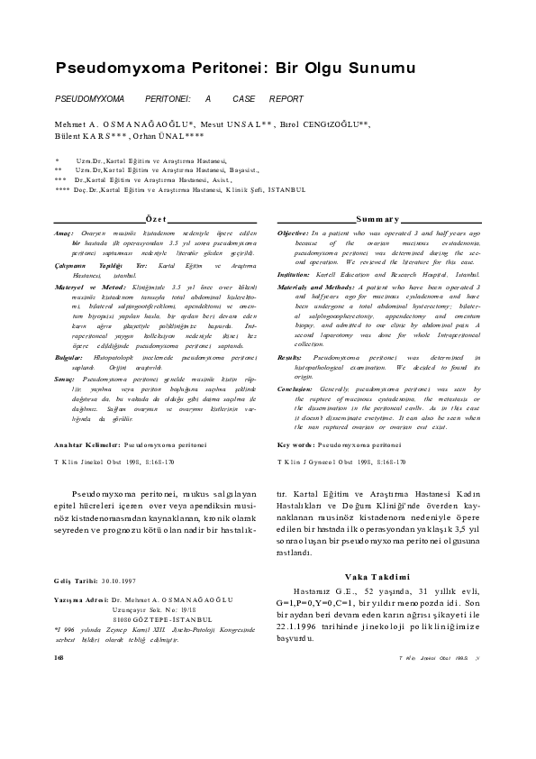 (PDF) Pseudomyxoma Peritonei: Bir Olgu Sunumu