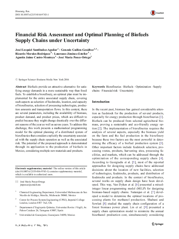 (PDF) Financial Risk Assessment and Optimal Planning of Biofuels Supply ...