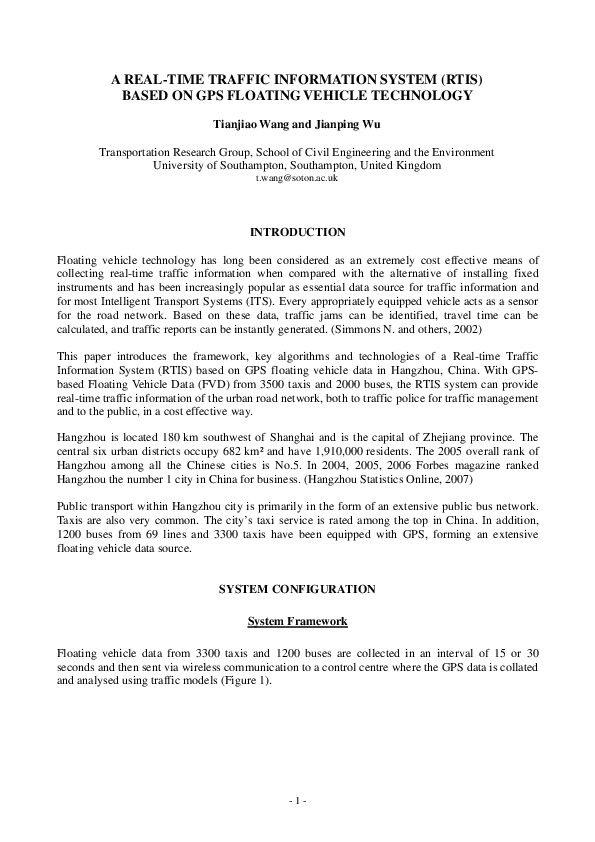 (PDF) A Real-Time Traffic Information System (RTIS) Based on GPS ...