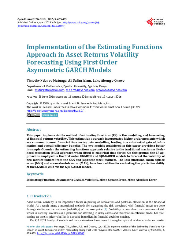 (PDF) Implementation of the Estimating Functions Approach in Asset Returns Volatility ...
