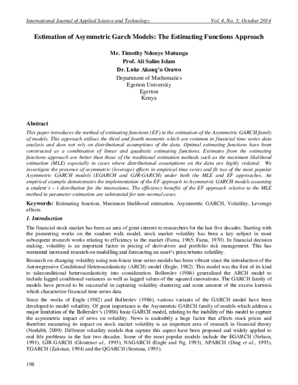 (PDF) Estimation of Asymmetric Garch Models: The Estimating Functions Approach
