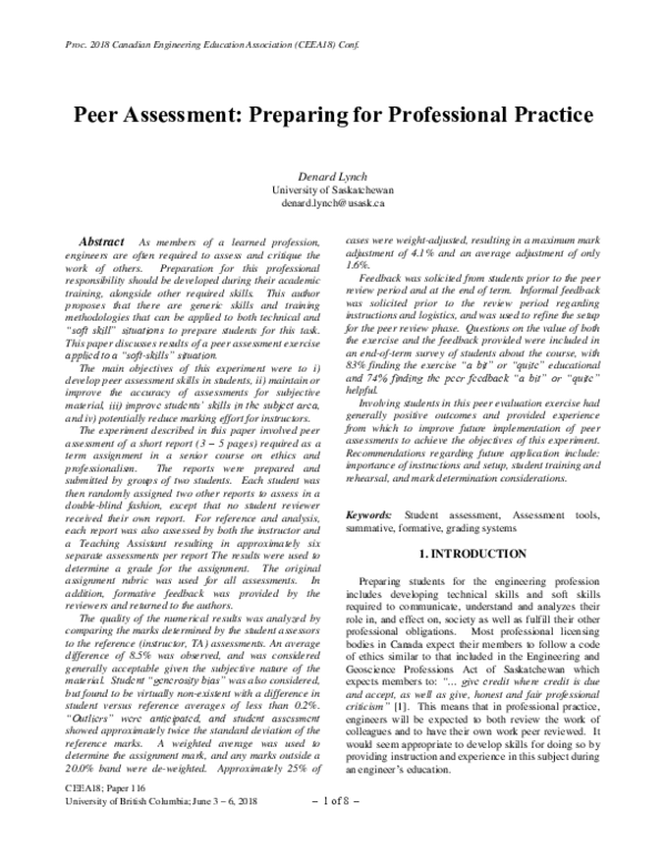 (PDF) Peer Assessment: Preparing for Professional Practice