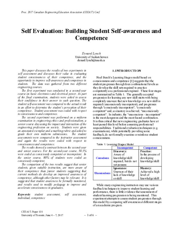 (PDF) Self Evaluation: Building Student Self-awareness and Competence