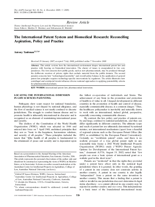 (PDF) The International Patent System and Biomedical Research: Reconciling Aspiration, Policy ...