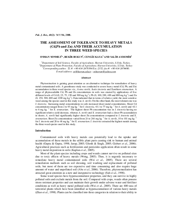 (PDF) The assessment of tolerance to heavy metals (Cd, Pb and Zn) and their accumulation in ...