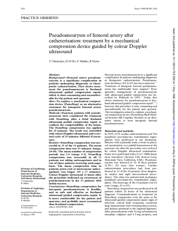 (PDF) Pseudoaneurysm of femoral artery after catheterisation: treatment ...