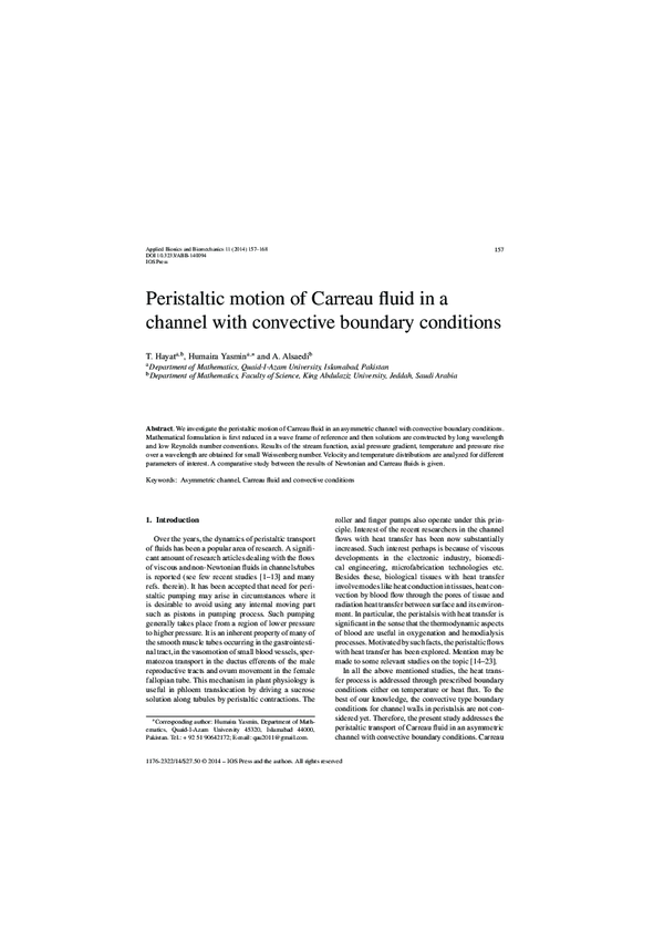 (PDF) Peristaltic Motion of Carreau Fluid in a Channel with Convective ...