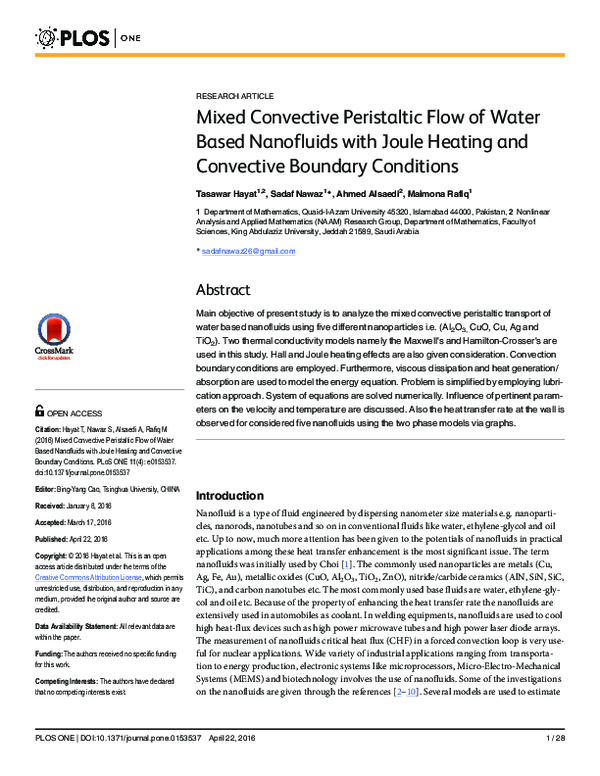 (PDF) Mixed Convective Peristaltic Flow of Water Nanofluids Analysis