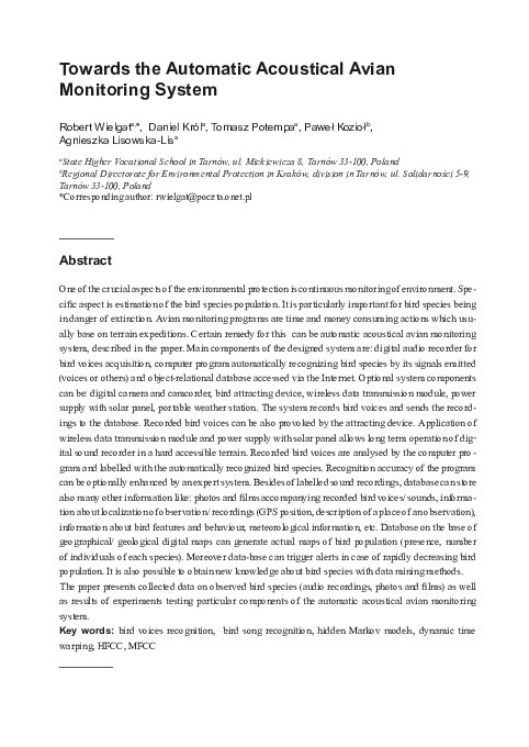 (PDF) Towards the Automatic Acoustical Avian Monitoring System