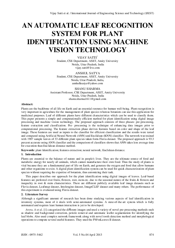 Pdf An Automatic Leaf Recognition System For Plant Identification
