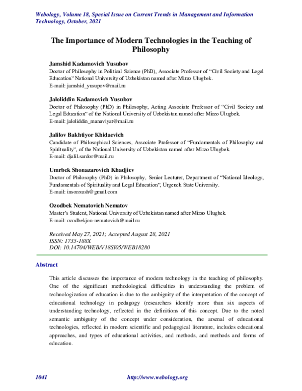 (PDF) The Importance of Modern Technologies in the Teaching of Philosophy