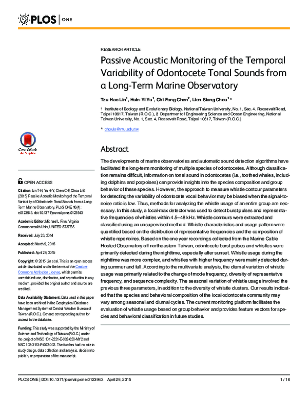 (PDF) Passive Acoustic Monitoring of the Temporal Variability of Odontocete Tonal Sounds from a ...
