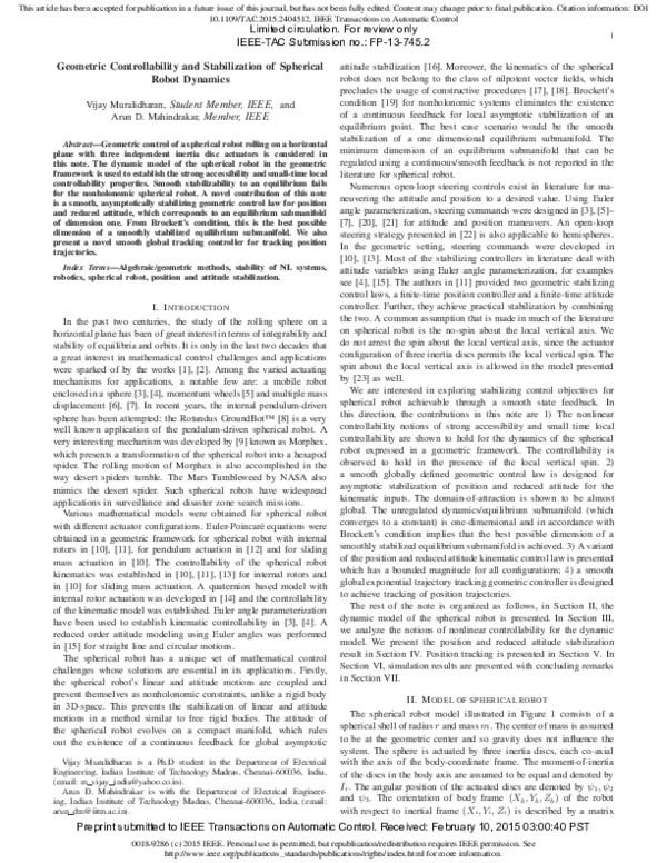 (PDF) Geometric Controllability and Stabilization of Spherical Robot Dynamics