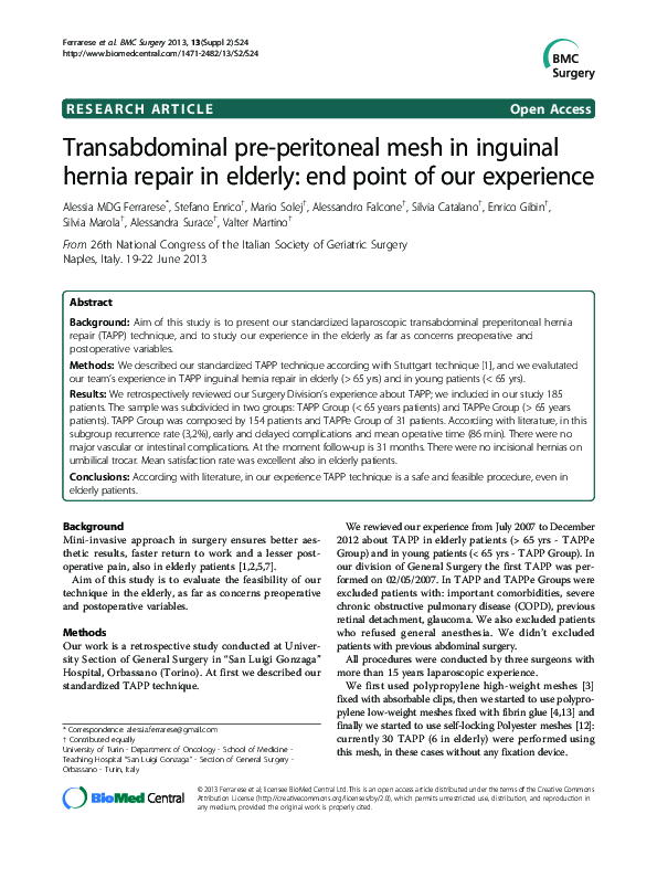 (PDF) Transabdominal pre-peritoneal mesh in inguinal hernia repair in elderly: end point of our ...