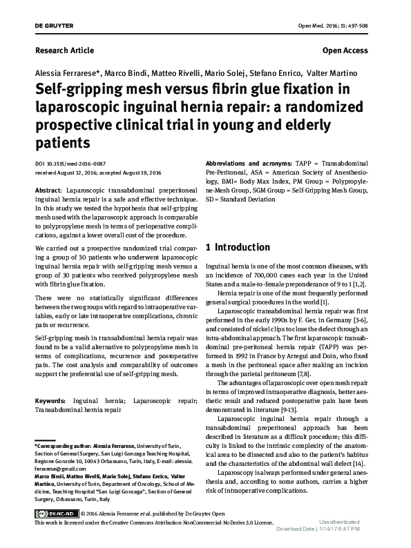 (PDF) Randomized, controlled, blinded trial of Tissucol/Tisseel for mesh fixation in patients ...